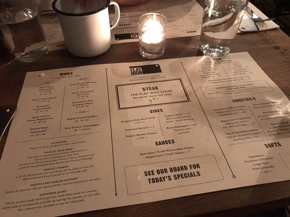 Menu at Flat Iron Covent Garden steakhouse, London, 17-18 Henrietta St