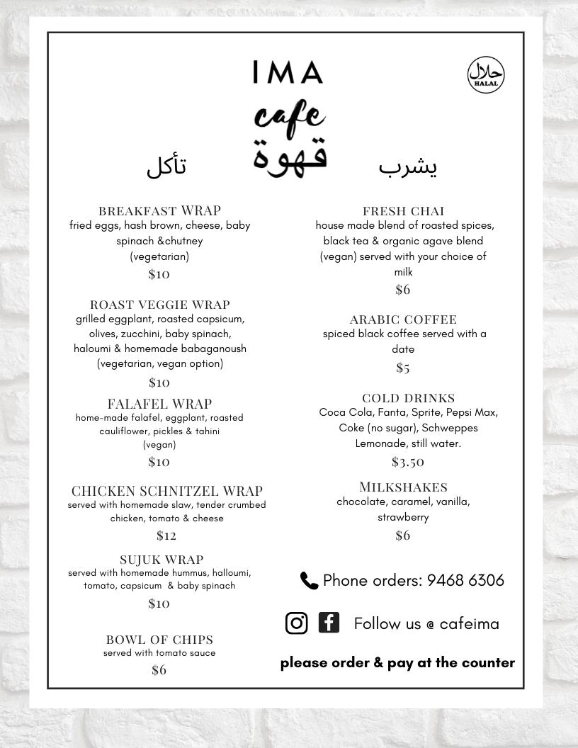 Menu at IMA Cafe, Thornbury
