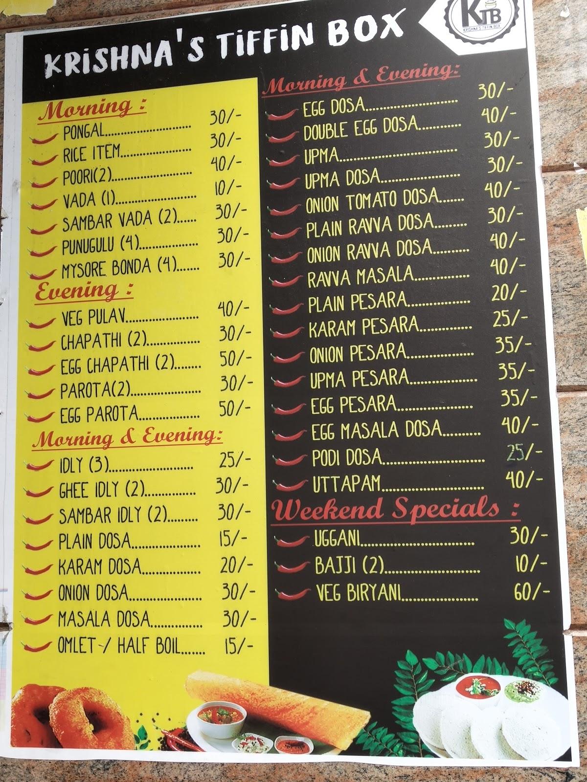 Menu at Krishna Tiffin Box, Bengaluru