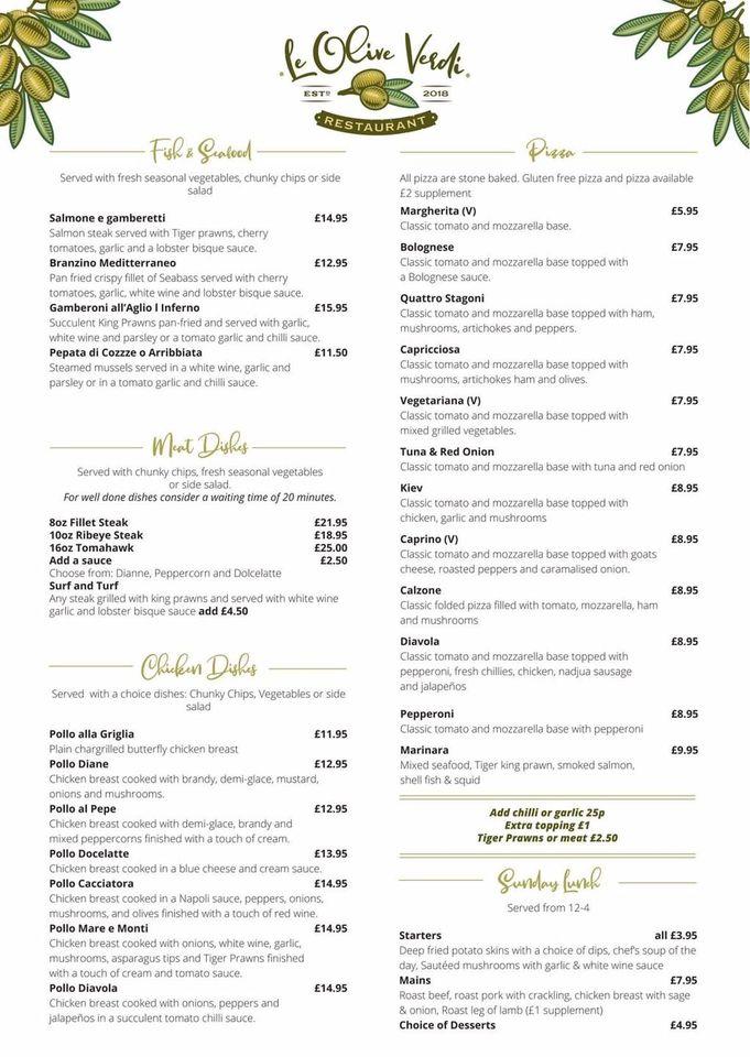 Menu at Le Olive Verdi restaurant, Gateshead