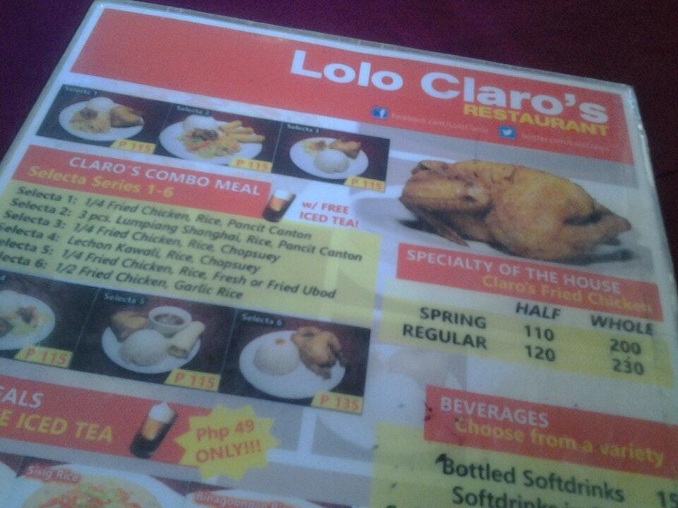 Menu at Lolo Claro's Restaurant, Naic, 8Q6C+8P3