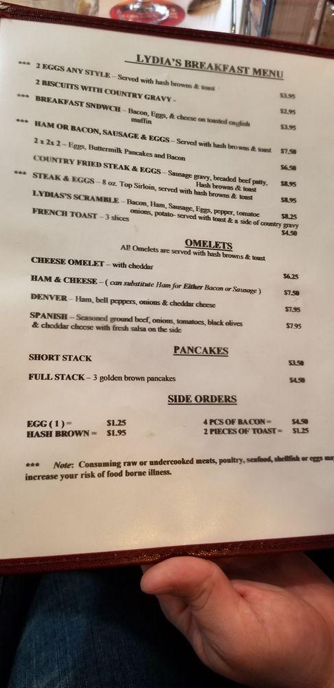 Menu at Lydia's Restaurant, Portland
