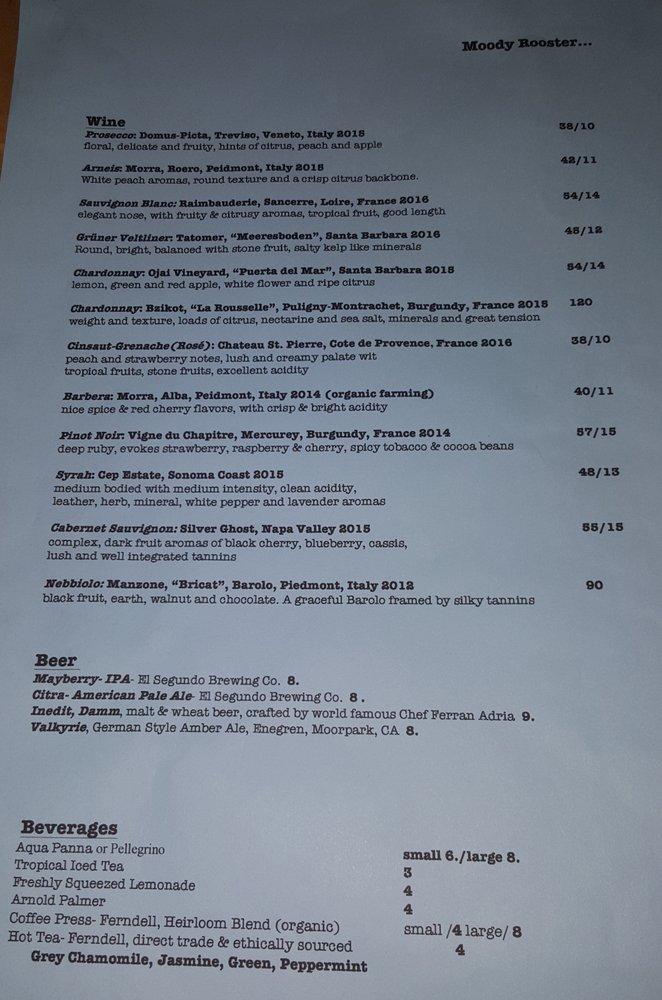Menu at Moody Rooster pub & bar, Westlake Village