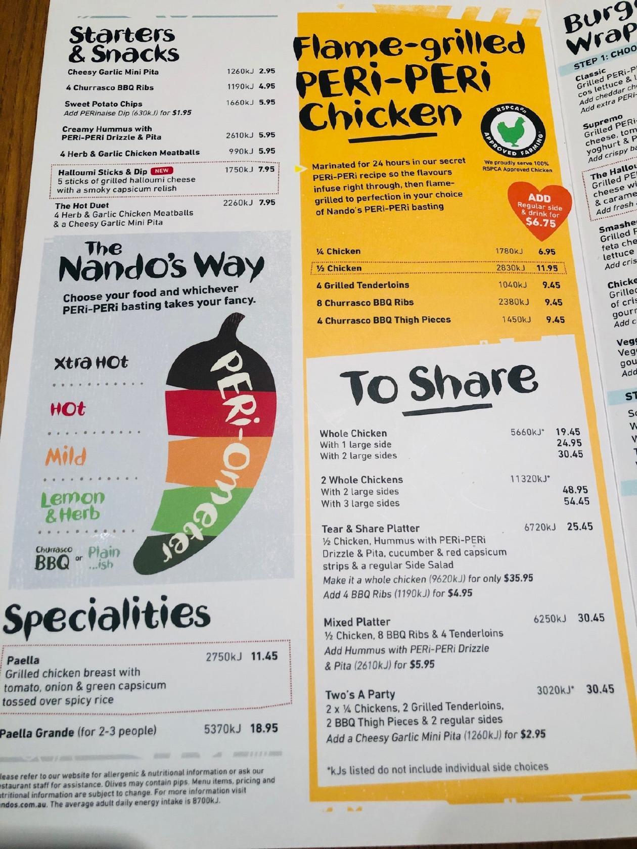 Menu at Nando's Melbourne Central restaurant, Melbourne, Central