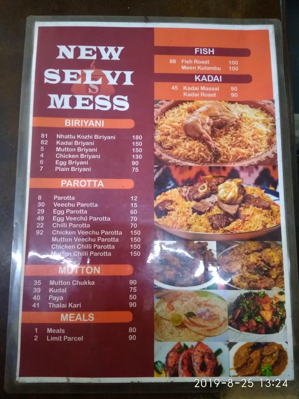 Menu at New Selvi Mess, Madurai