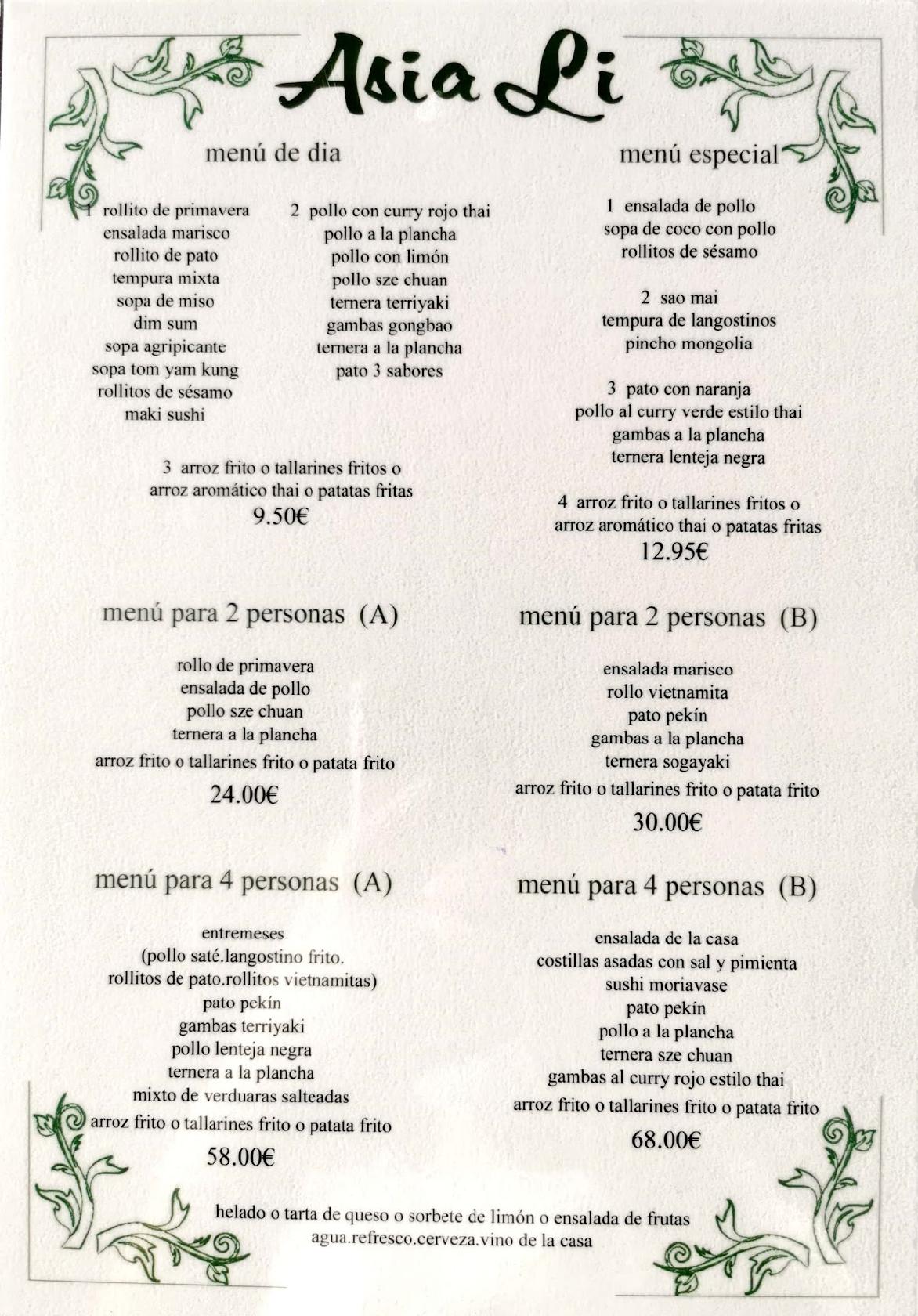 Carta de Restaurant "Asia Li", Campello, C. Sant Bartomeu