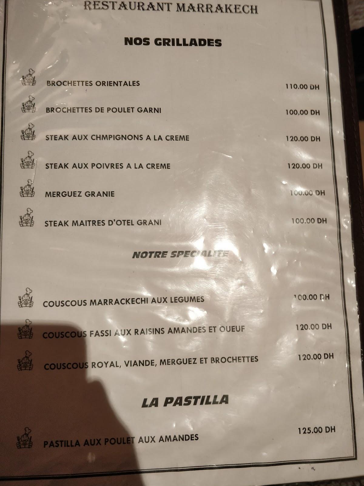 Menu at Restaurant Marrakech, Fes