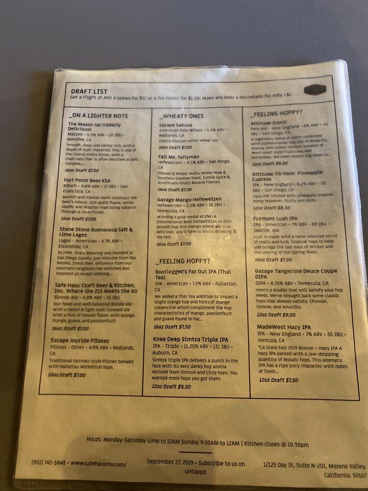 Menu at Safe Haus Craft Beer & Kitchen restaurant, Moreno Valley