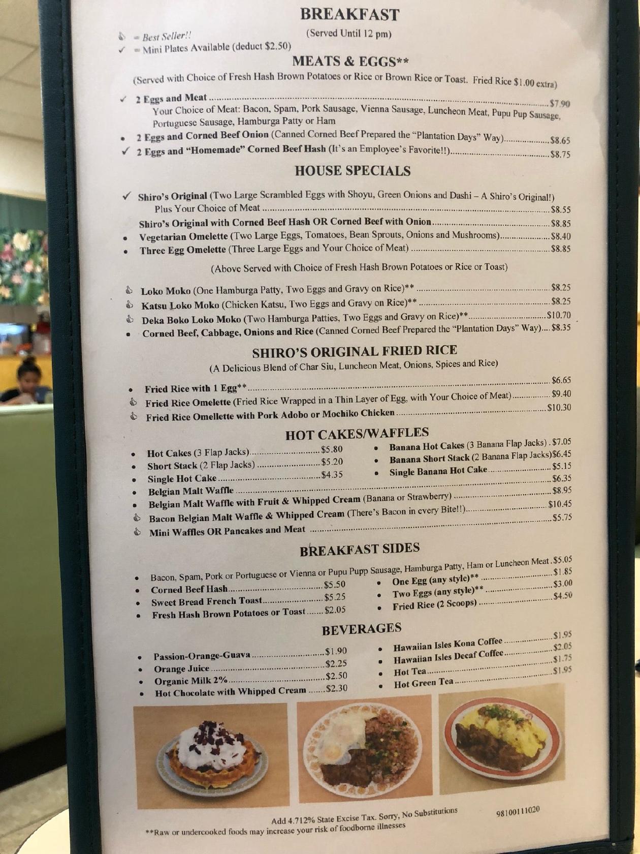 Menu at Shiro's Saimin Haven restaurant, Aiea