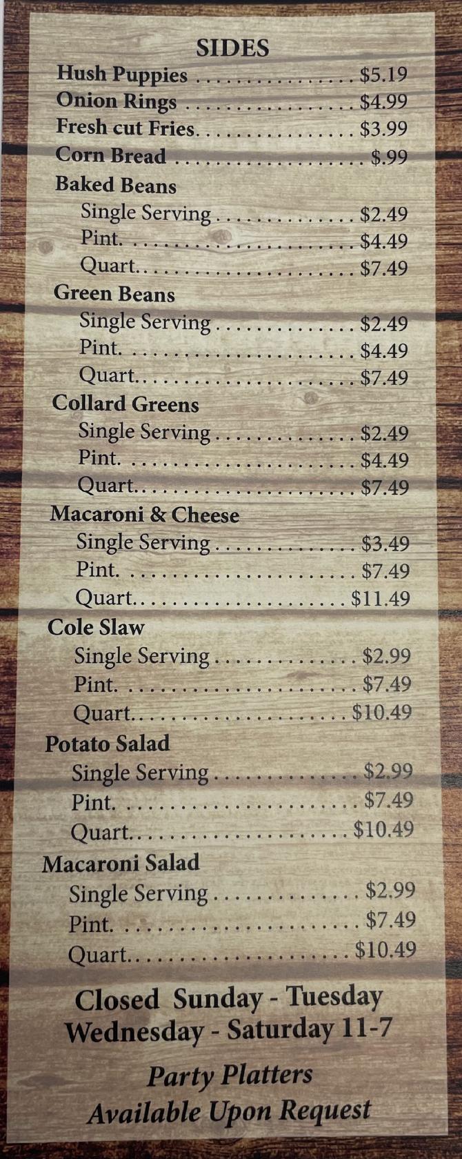 Carta de Smokehouse BBQ Shack, Mechanicsville