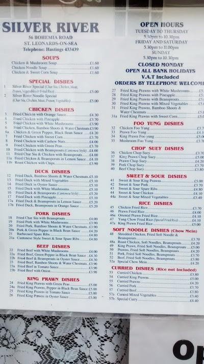 Menu at The Silver River fast food, Saint Leonards