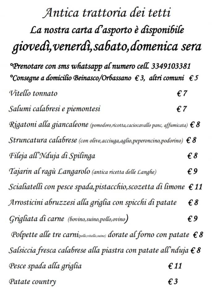 Menu da Antica Trattoria dei Tetti ristorante, Orbassano