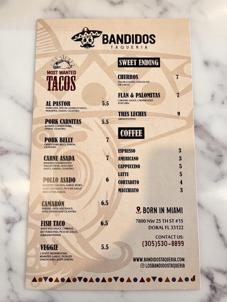 Menu at Bandidos Taqueria restaurant, Doral