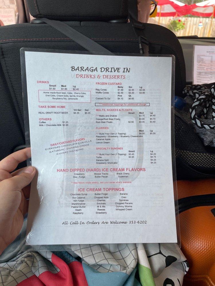 Menu at Baraga Drive-In, Baraga, S Superior Ave