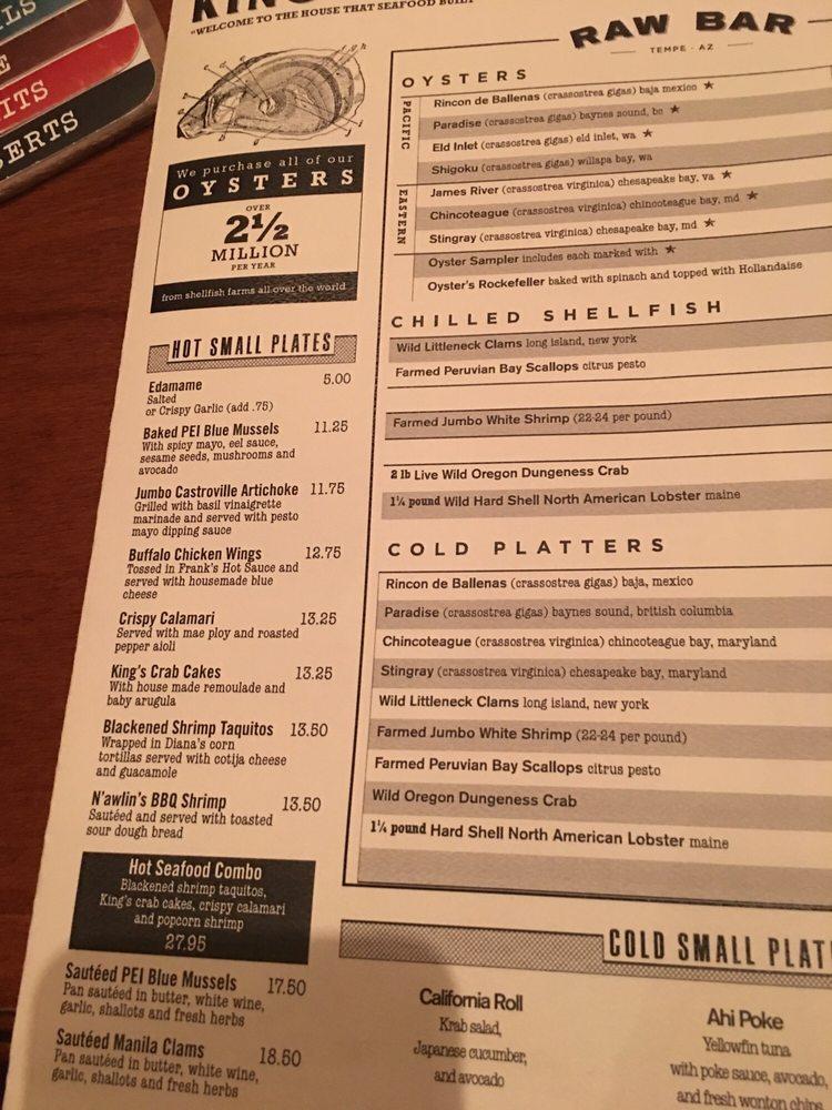 Menu at King's Fish House restaurant, Tempe