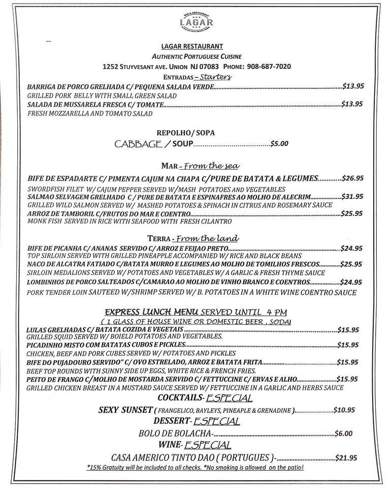 Menu at Lagar Restaurant, Union, Stuyvesant Ave.