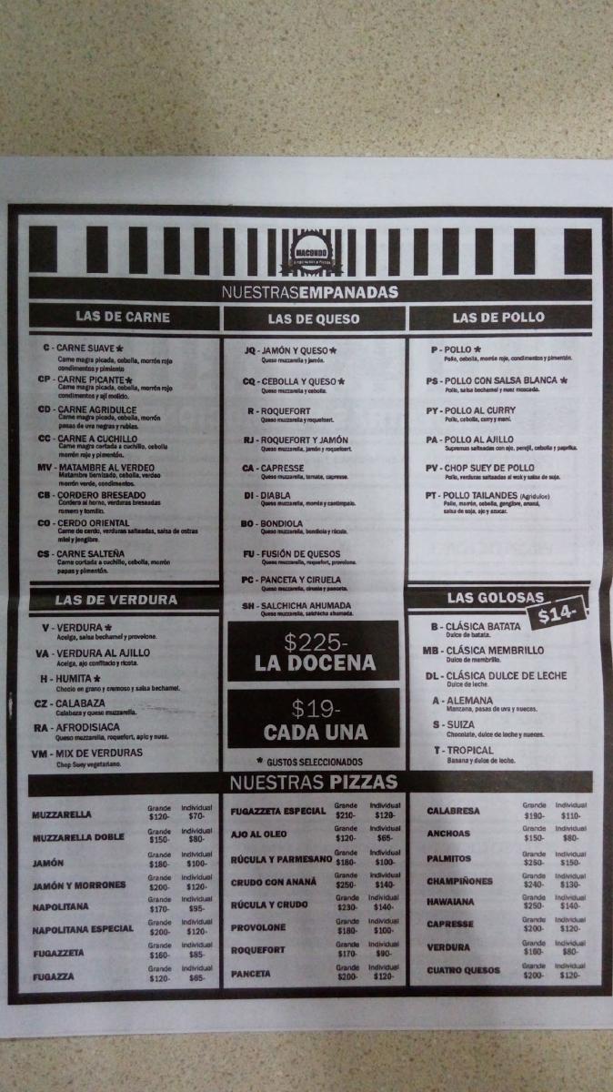 Menu at Macondo Padua restaurant, San Antonio de Padua