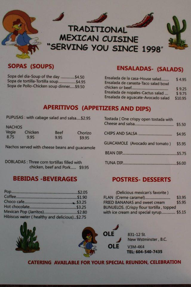 Menu at Ole Ole Mexican Cuisine restaurant, New Westminster
