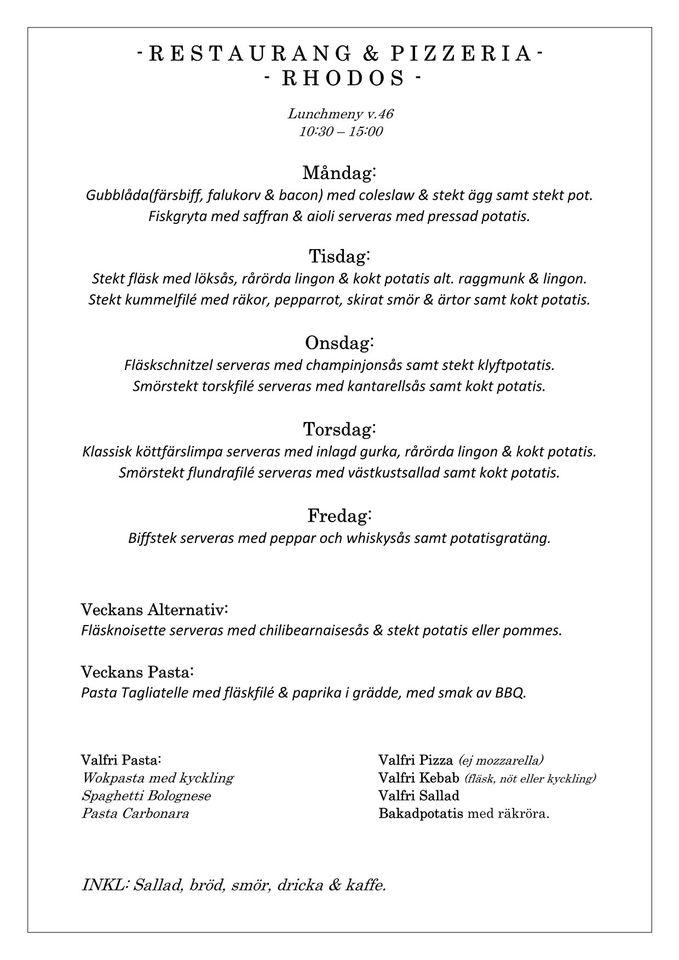 Menu at Restaurang & Pizzeria Rhodos, Lidköping, Stenportsgatan 3B