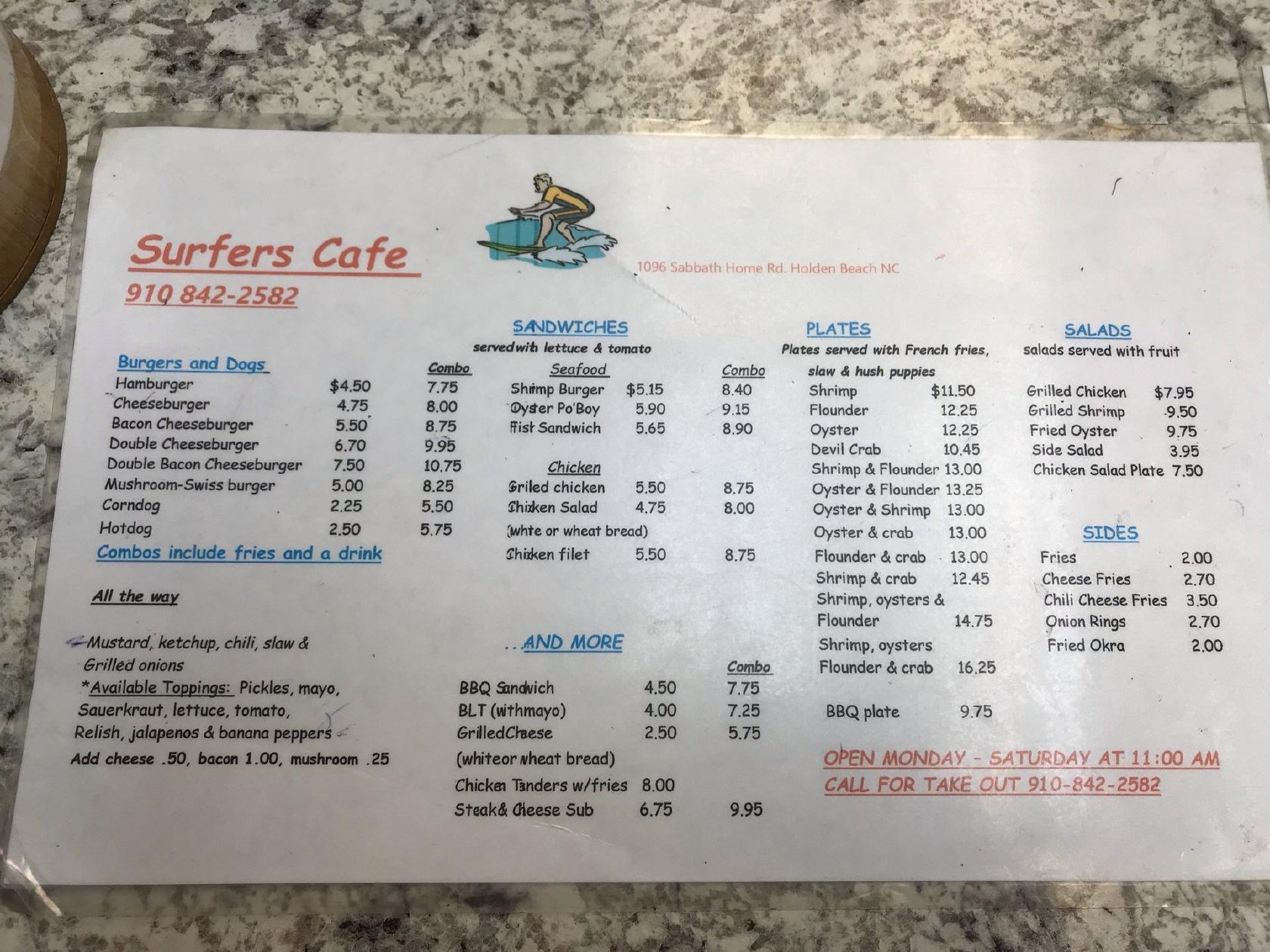 Menu at Surfers Cafe Inc, Varnamtown