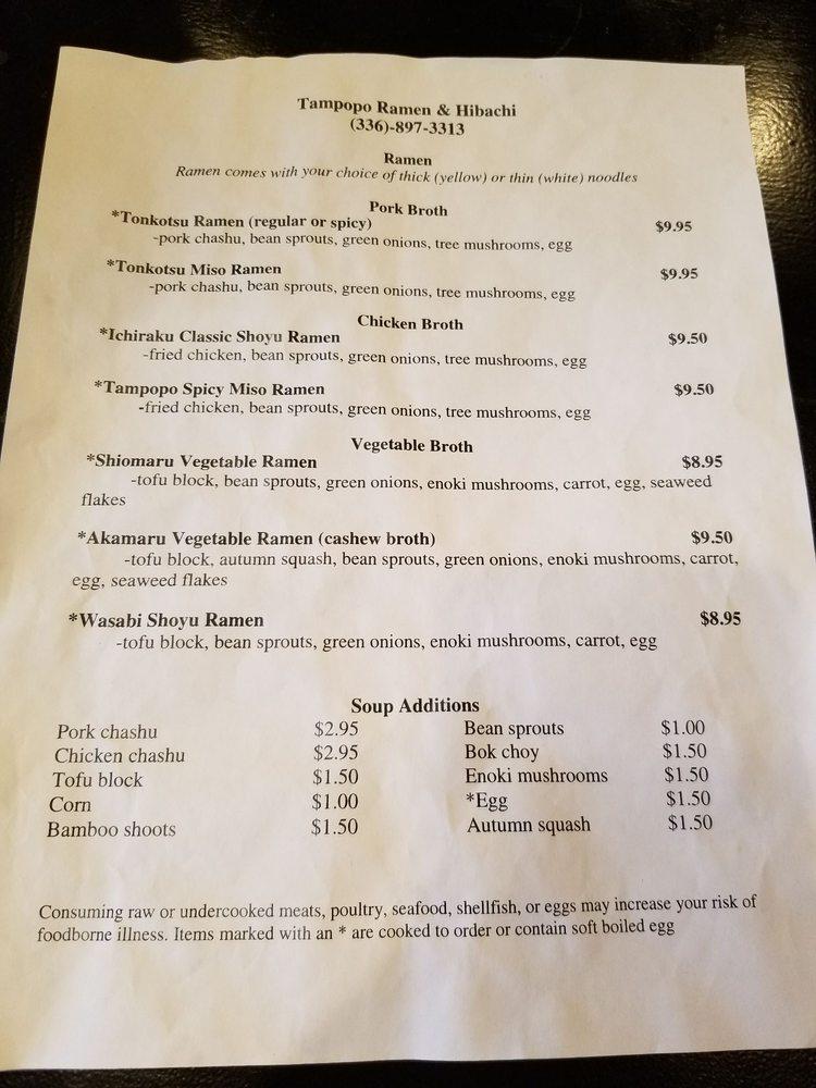 Menu at Tampopo Ramen & Hibachi restaurant, Greensboro