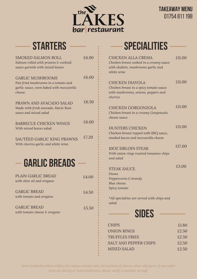 Menu at The Lakes Restaurant, Burgh le Marsh