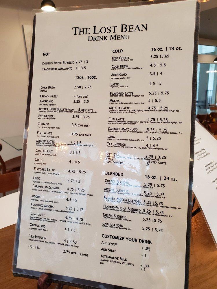 Menu at The Lost Bean Organic Coffee & Tea cafe, Irvine