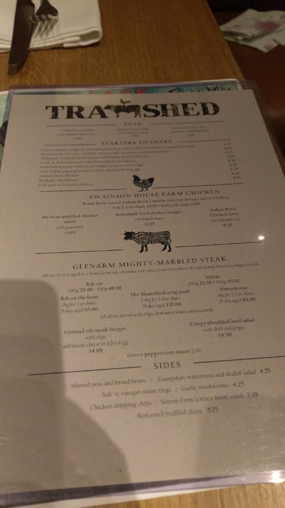 Menu at The Tramshed Project restaurant, London