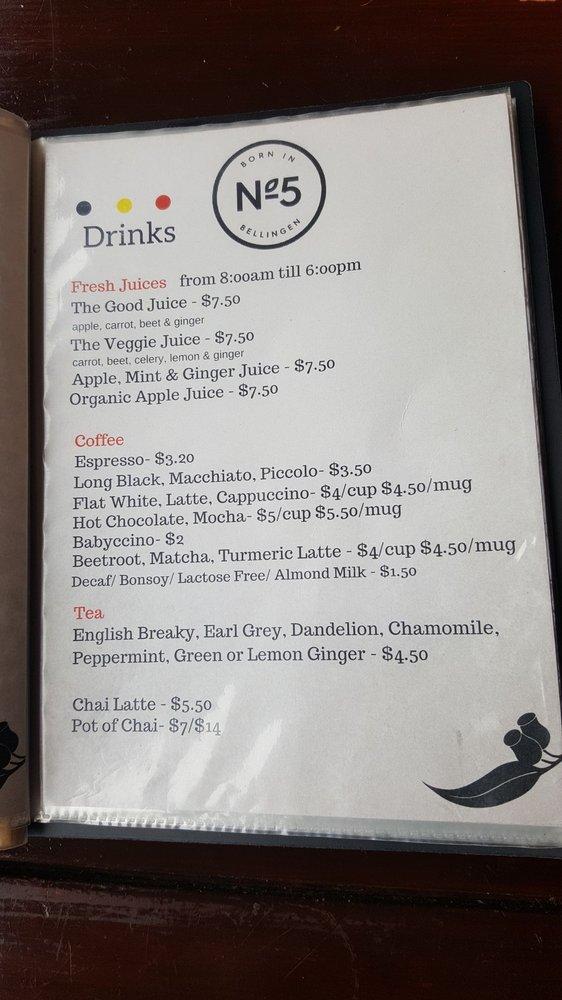 Menu at 5 Church Street restaurant, Bellingen