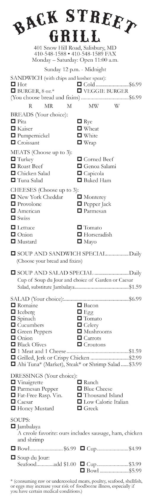 Menu at Back Street Grill pub & bar, Salisbury