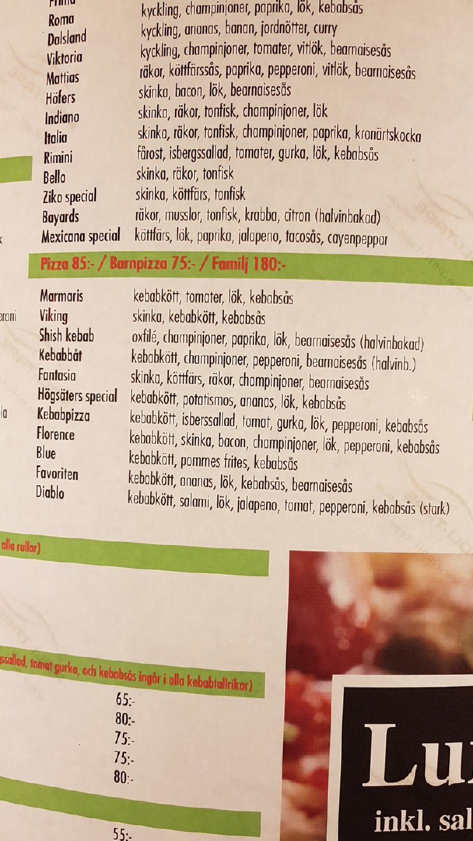 Menu at Bayards Pizzeria, Färgelanda