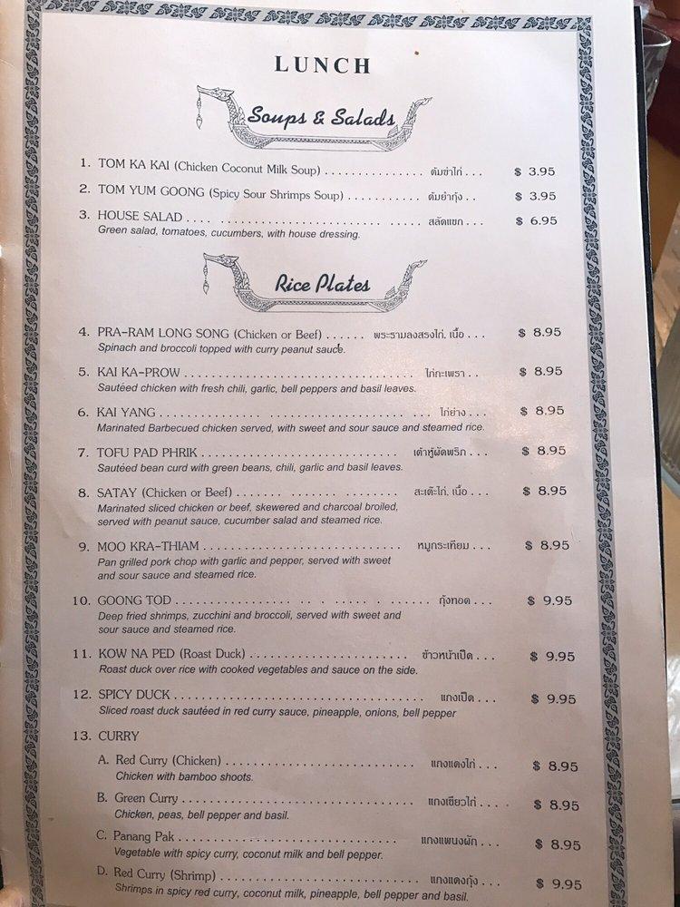 Menu at Chao Praya restaurant, Novato