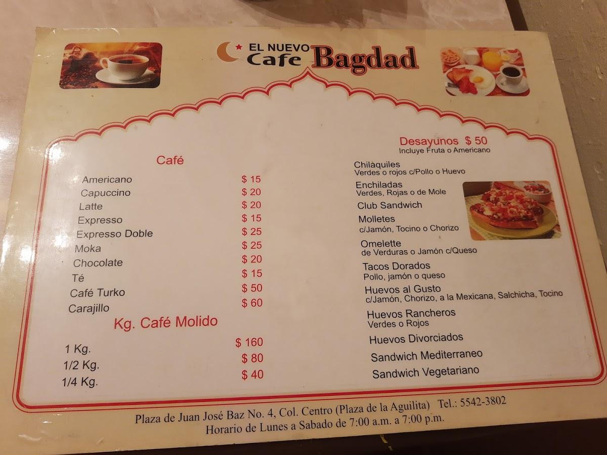 Menu at El Nuevo Café Bagdad, Mexico City