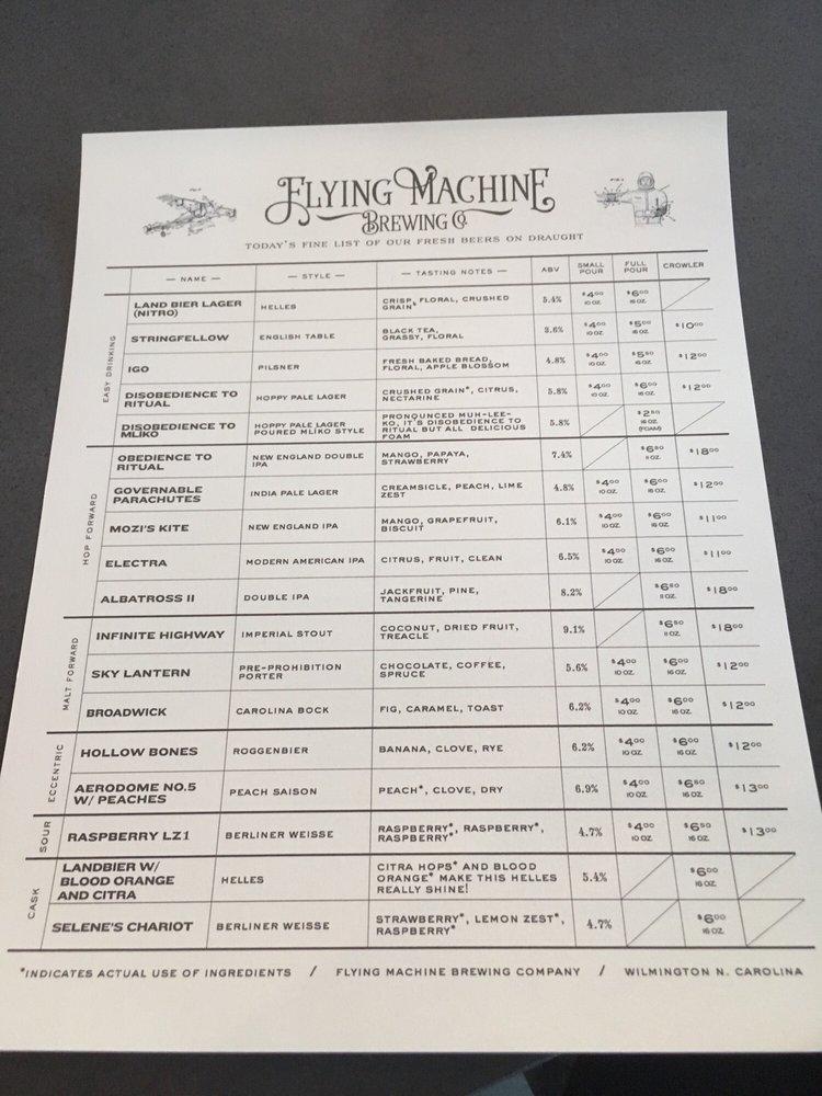 Menu at Flying Machine Brewing Company restaurant, Wilmington