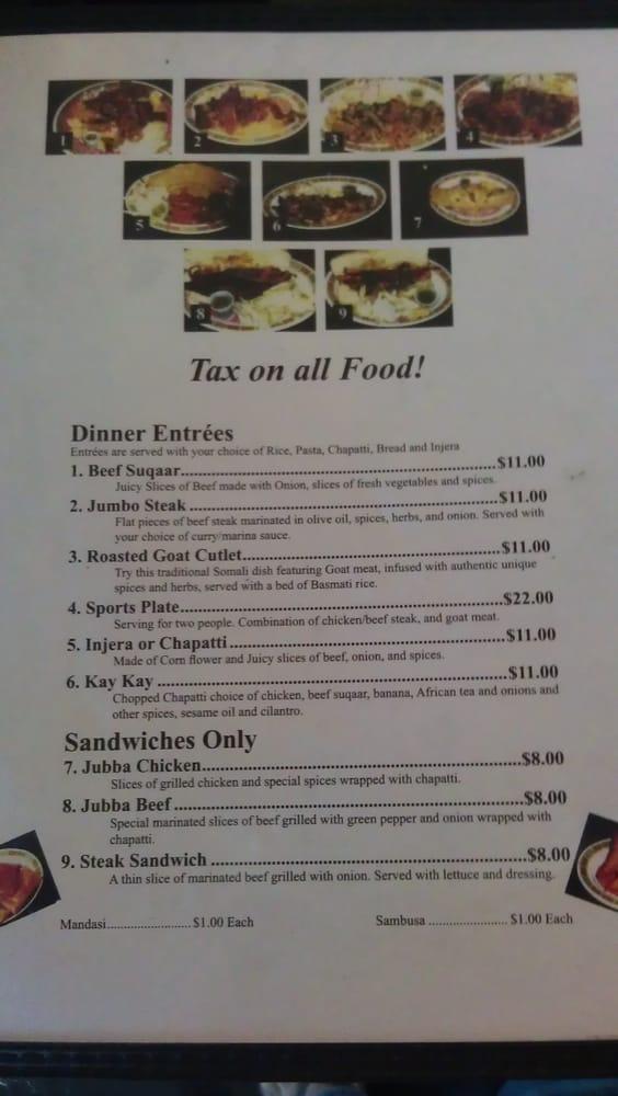 Menu at Jubba Somali Restaurant, San Jose
