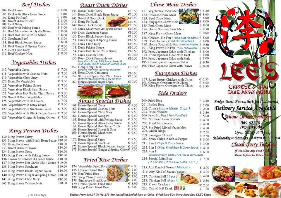 Carta del restaurante Lees Chinese, Irlanda