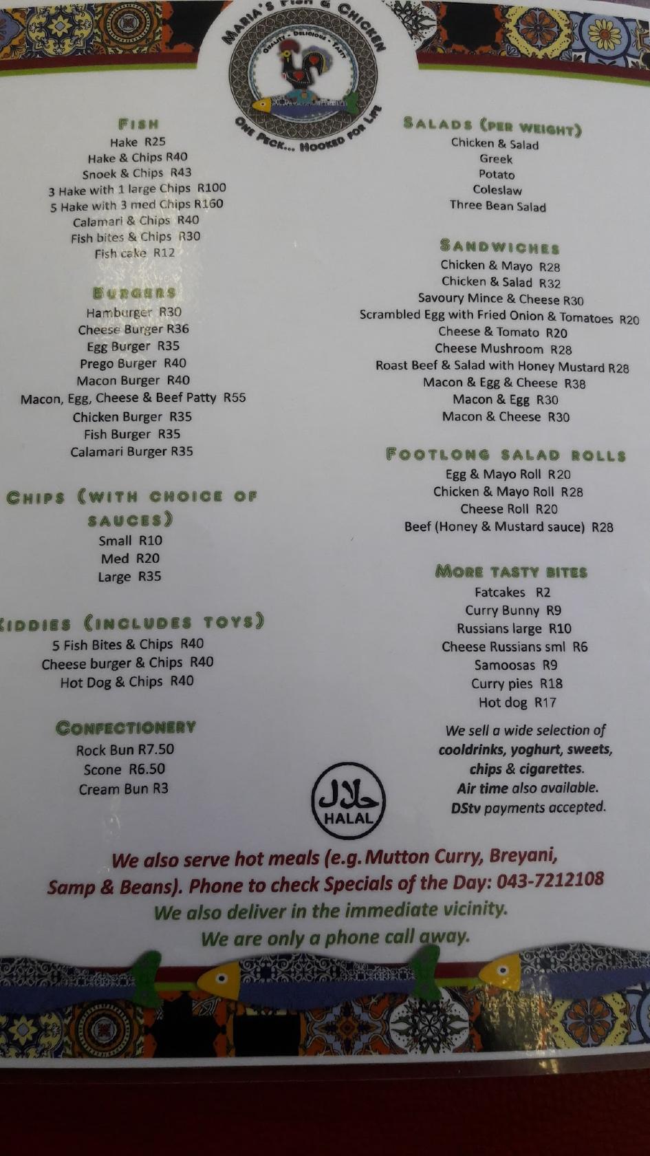 Menu at MARIA' S FISH & CHICKEN TAKE AWAYS (Berea) restaurant, East London