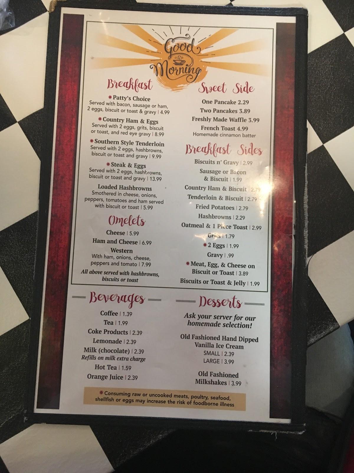 Menu at Patty's Restaurant, Parkers Crossroads