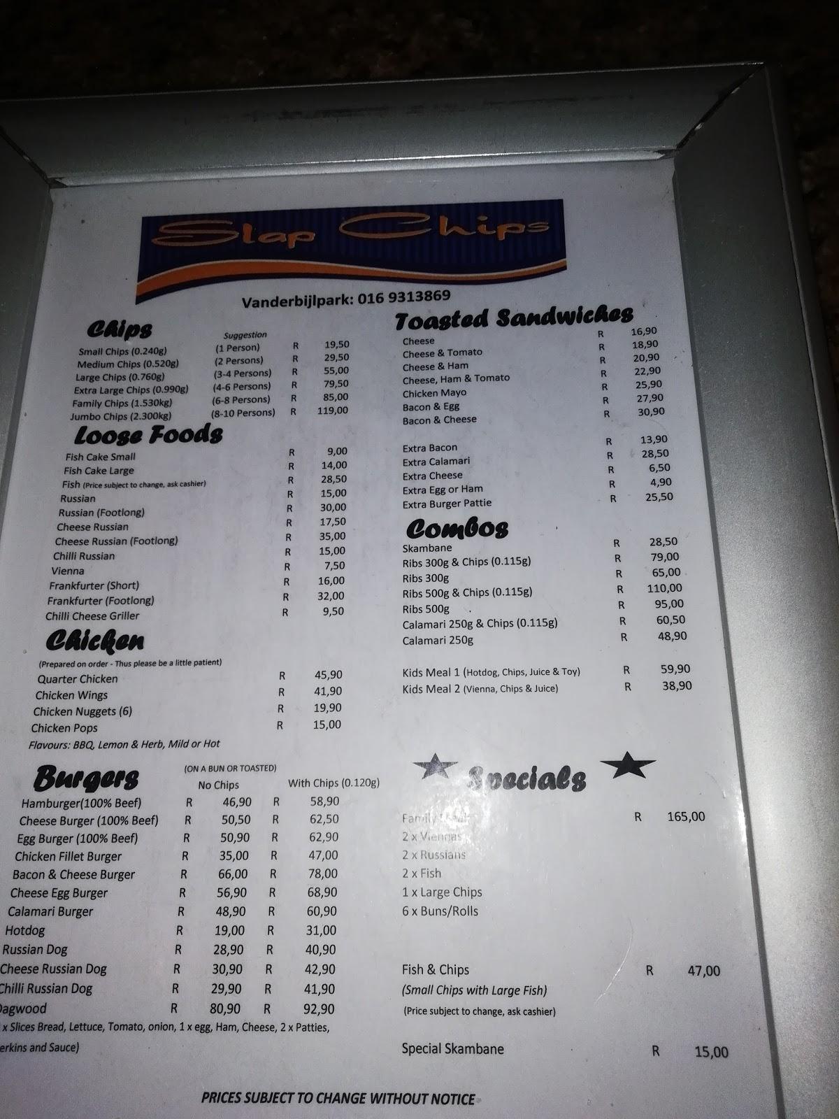 Menu at Slap Chips restaurant, Vanderbijlpark