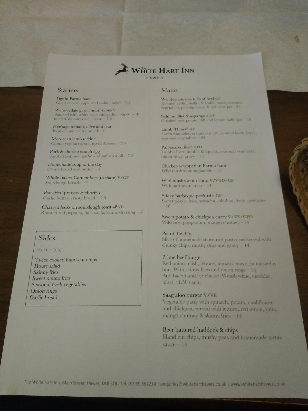 Menu at The White Hart Inn, Hawes restaurant, Hawes