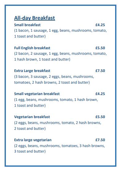 Menu at Wheelhouse Snack Bar, Minehead