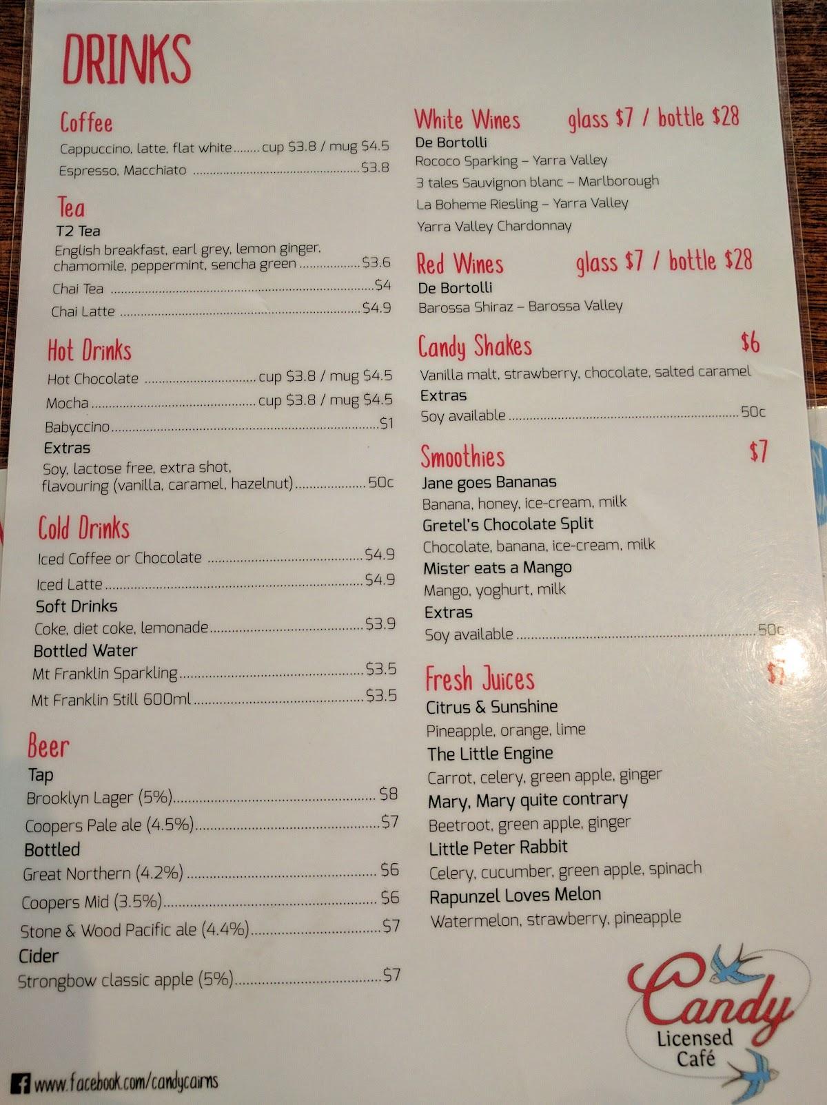 Menu at Candy Cafe Bar, Cairns