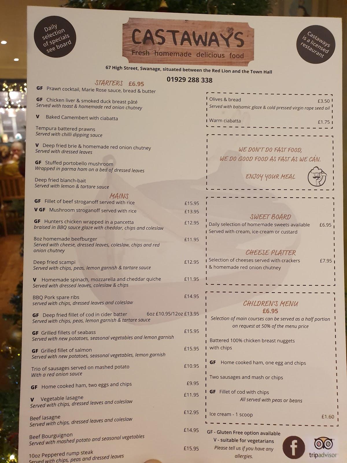 Menu at Castaways restaurant, Swanage