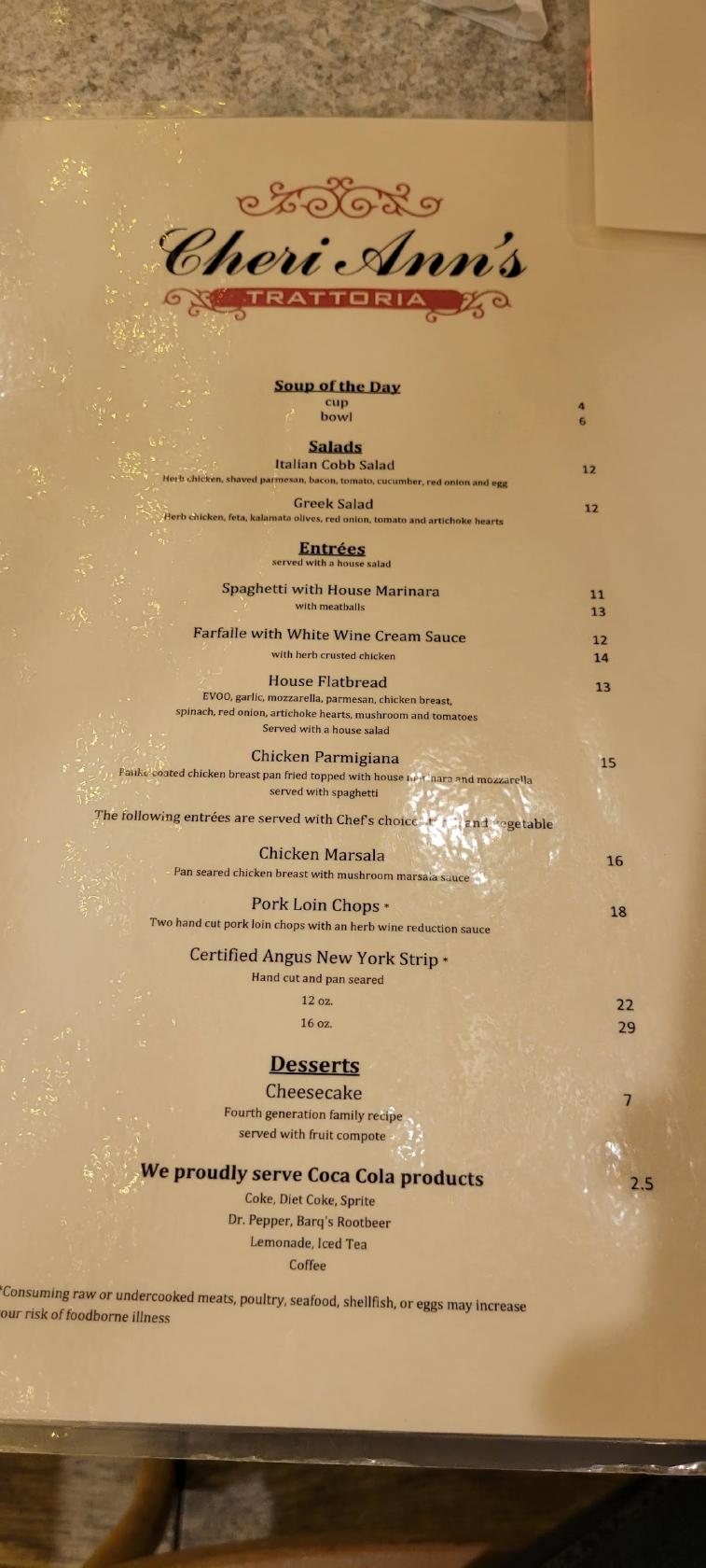 Menu at Cheri Ann's Trattoria restaurant, Broken Arrow