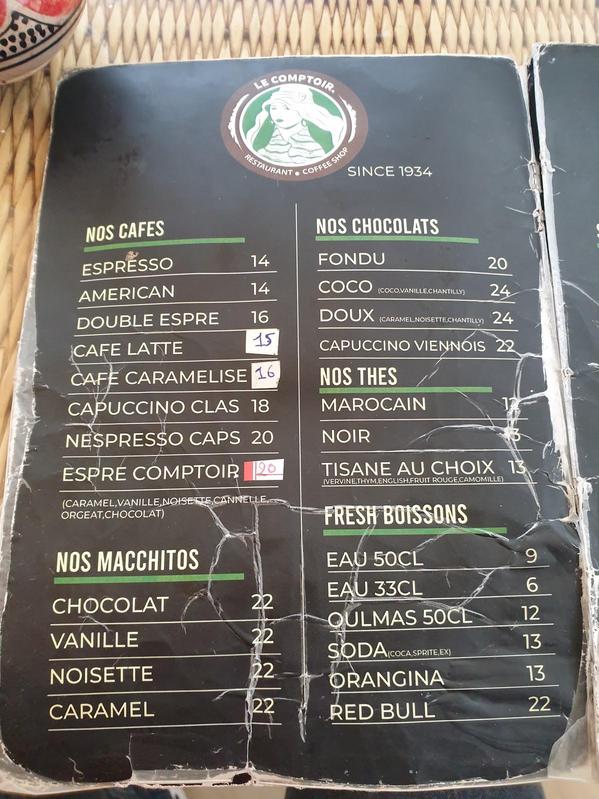 Menu au Le Comptoir restaurant, Safi