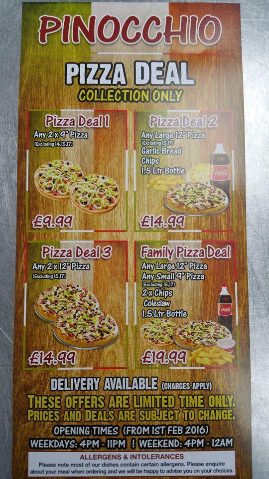 Menu at Pinocchio Pizzas pizzeria, Atherstone