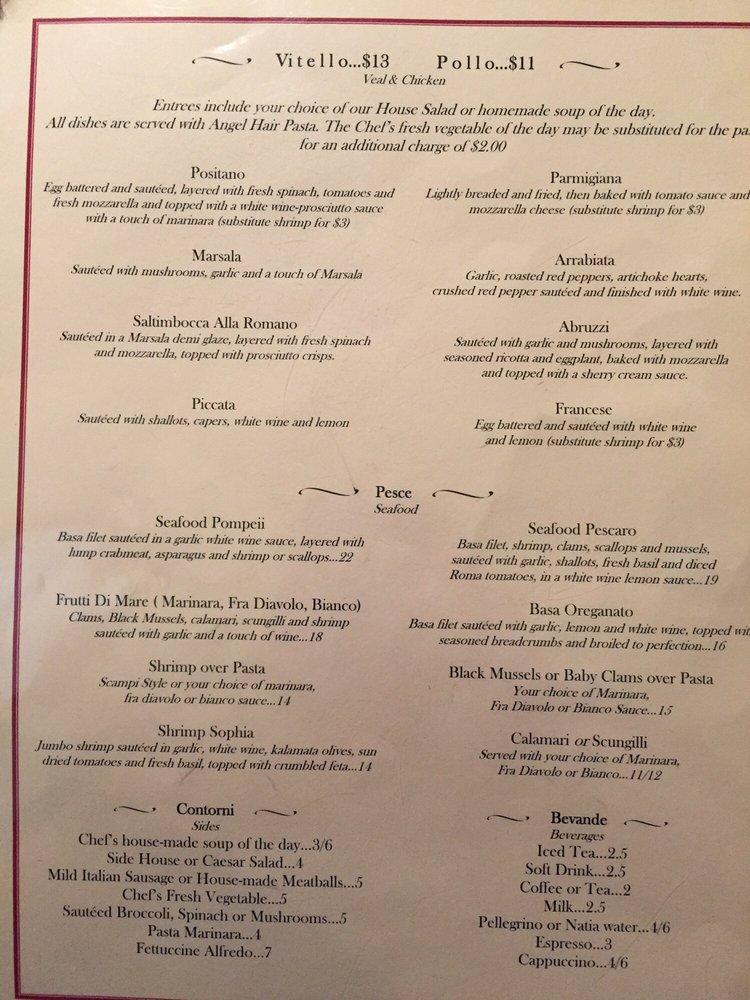 Menu at Positano's Ristorante restaurant, Palm Harbor