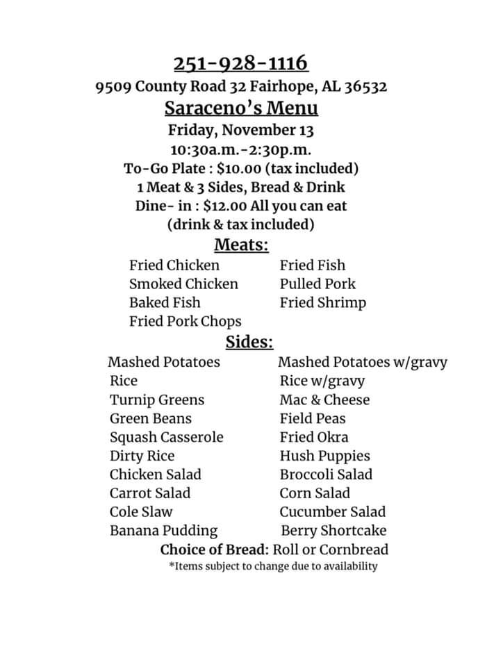 Menu at Saraceno's Restaurant, Fairhope, Co Rd 32