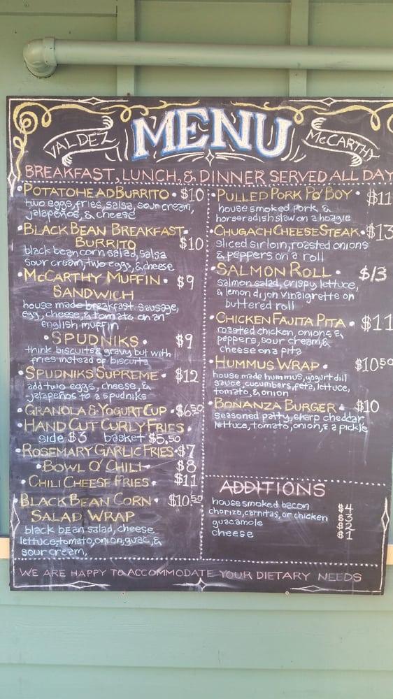 Menu at The Potato restaurant, Valdez