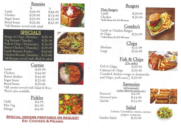 Menu at Westbrook Bakery & Take-Away, Tongaat